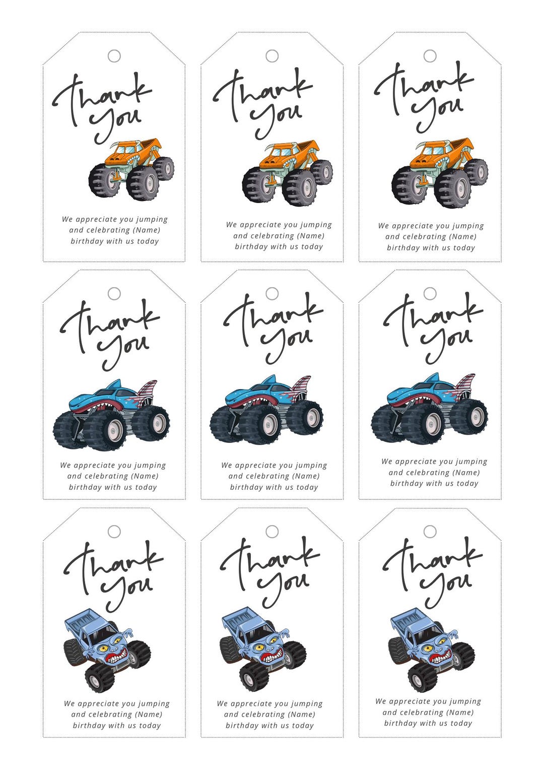 Monster Jam Thank You Tags - Etsy