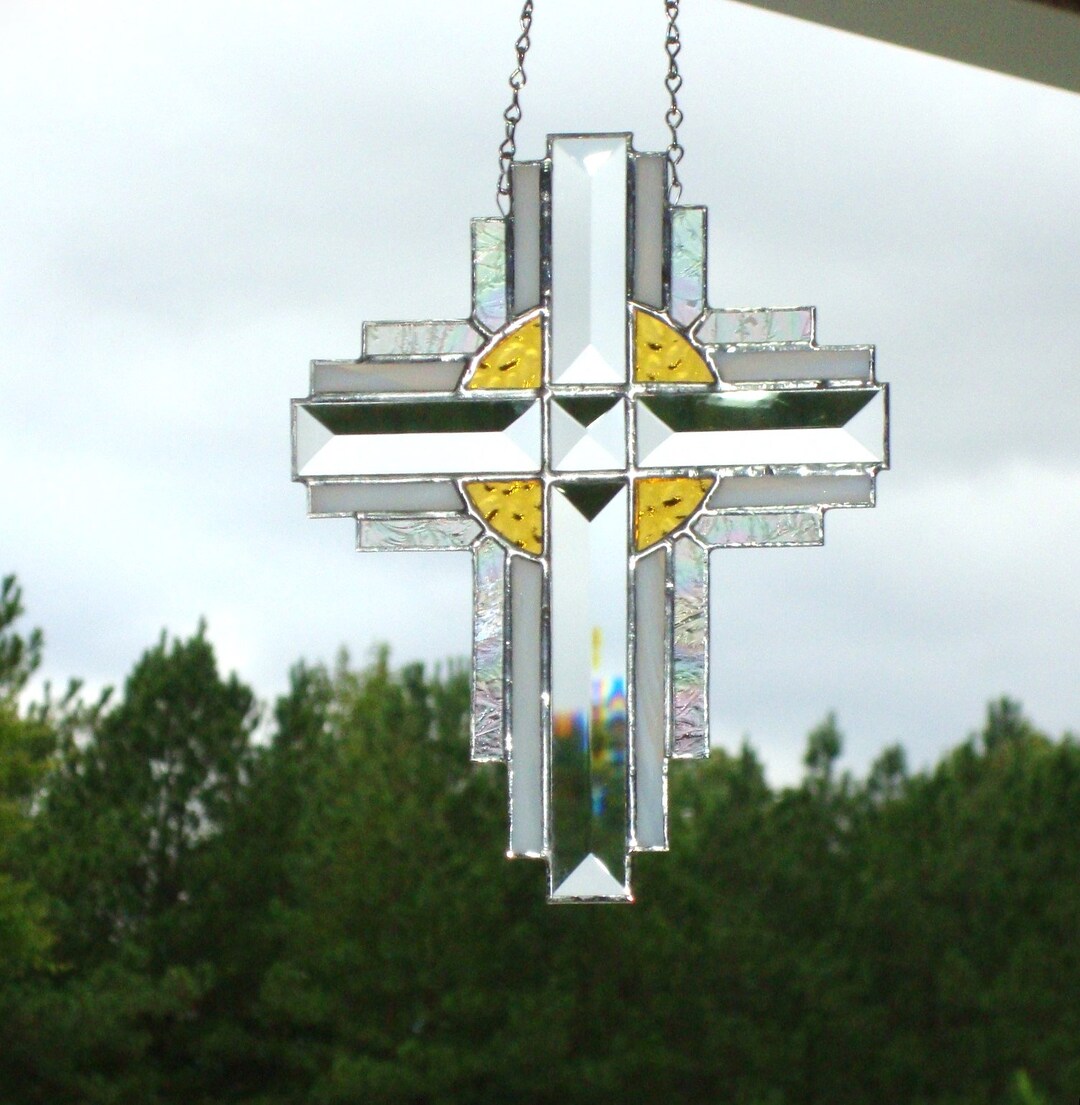 Religious Cross Stained Glass Panel Suncatcher Streaky White 9253 - Etsy