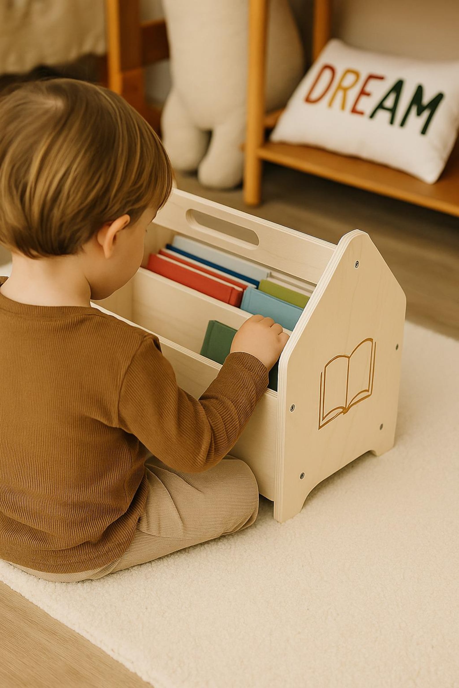 Montessori Wooden Book Rack for Kids | Portable Book Storage Organizer ...