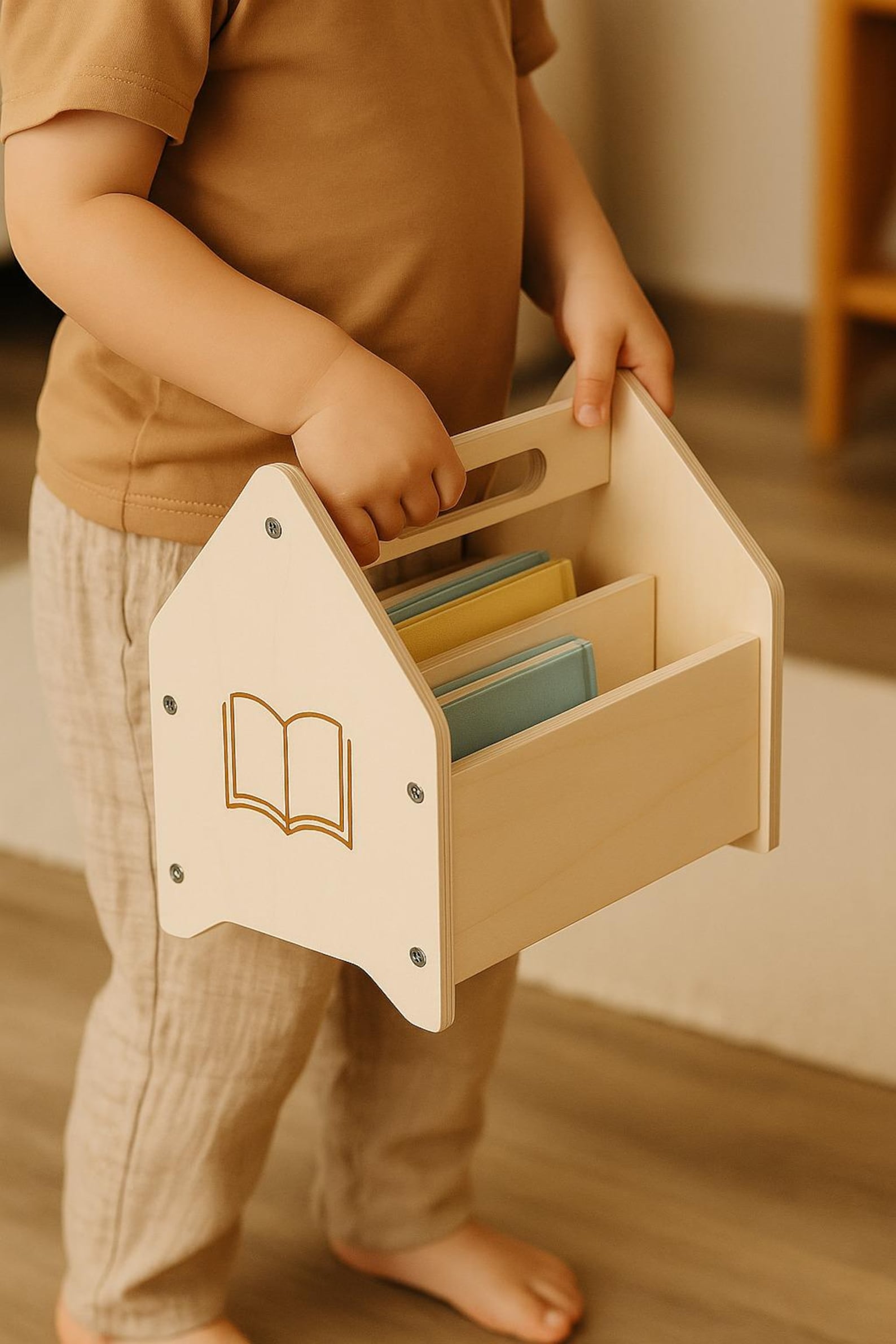 Montessori Wooden Book Rack for Kids | Portable Book Storage Organizer ...
