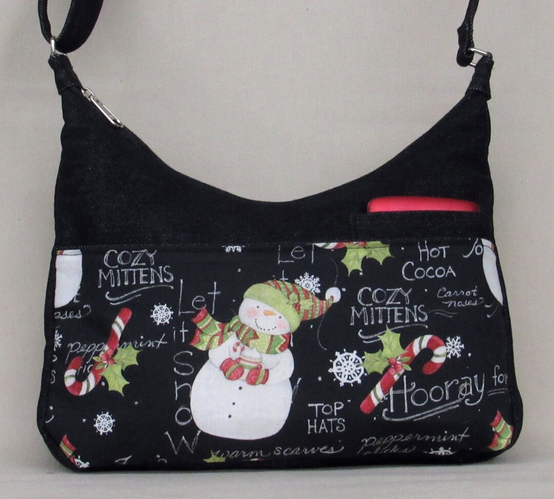 Snowman Christmas Handbag Adjustable Strap Medium Black Purse Cell ...
