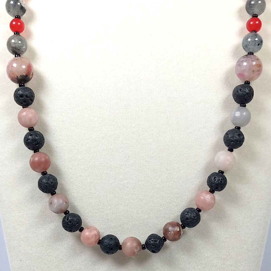 Lava With Moldau Quartz and Red Jade Plus Black Rutilated Quartz With ...
