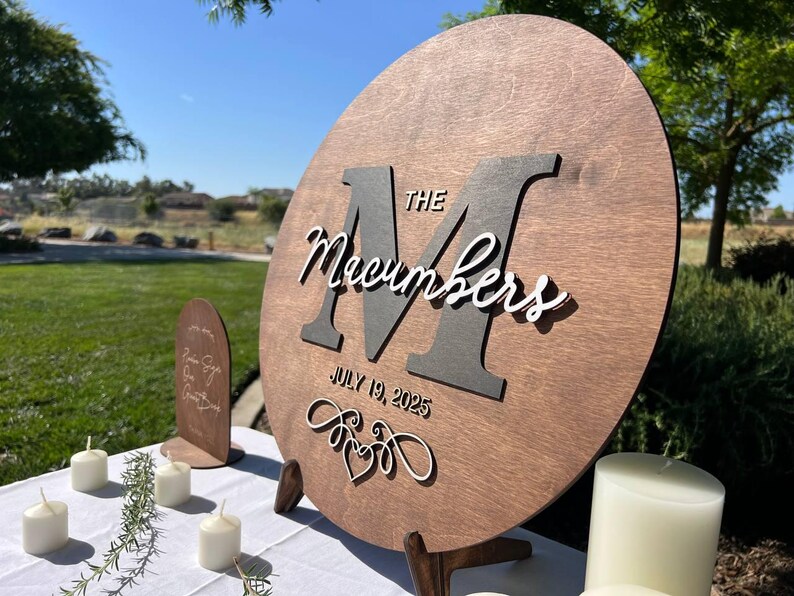 Rustic Round Wedding Sign – 3D Personalized Wood Guestbook Alternative ...