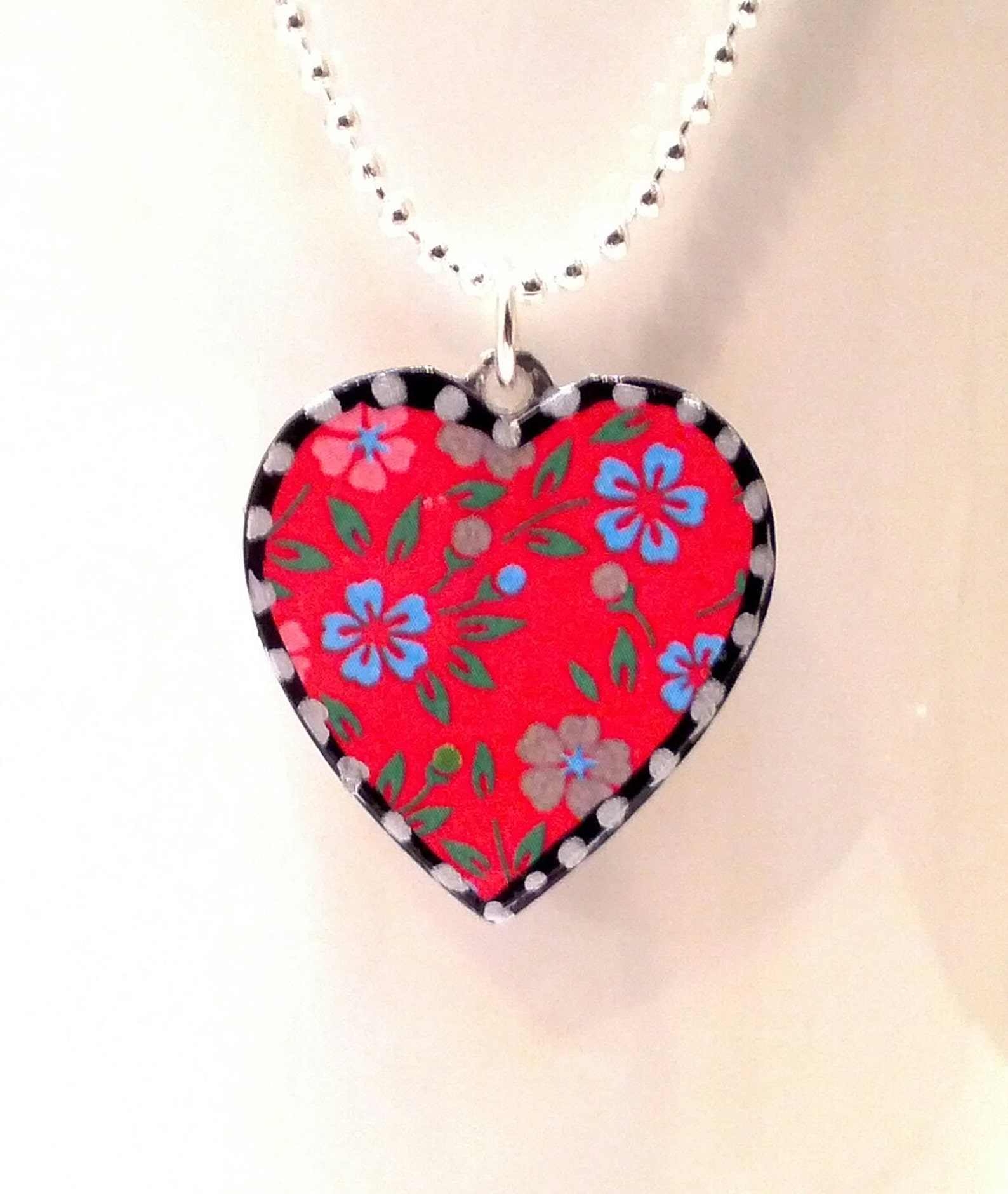 Red Floral Print Heart Pendant. Lovingly Handmade in Brooklyn by ...
