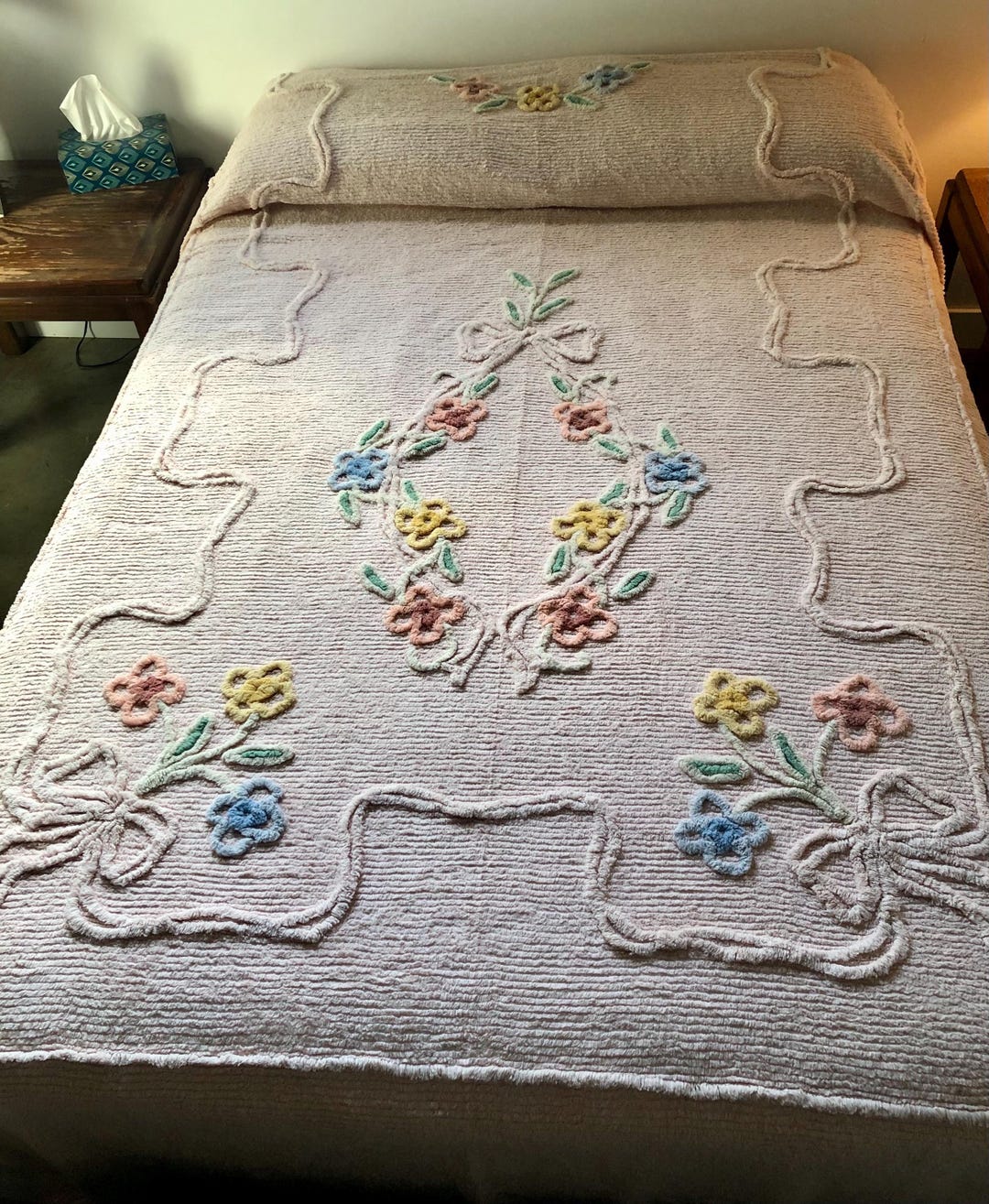 Yummy Vintage Pink Chenille Bedspread With Yellow Blue and Coral ...