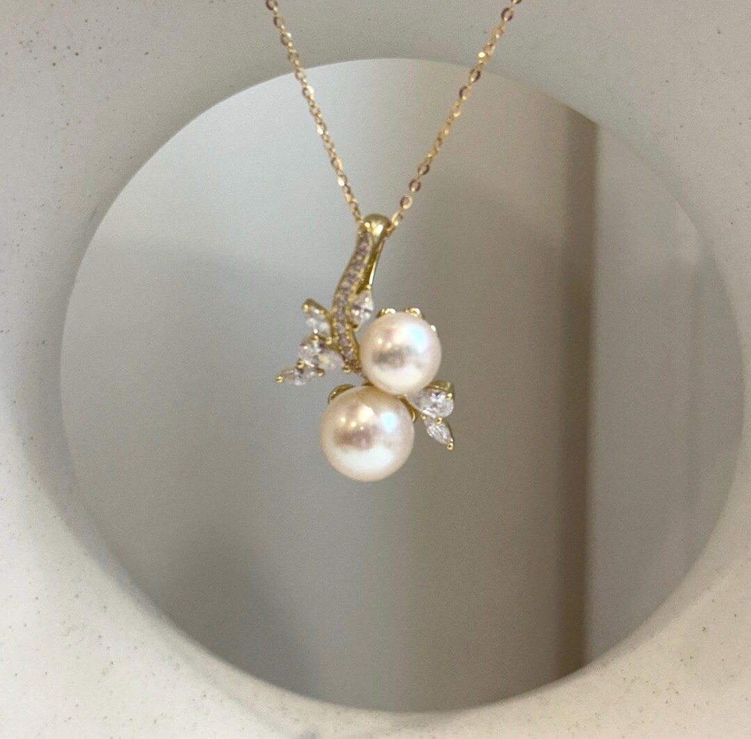 8.2-9.6mm Double Akoya Ocean Ivory Pearls Floral Pendant Necklace Set ...