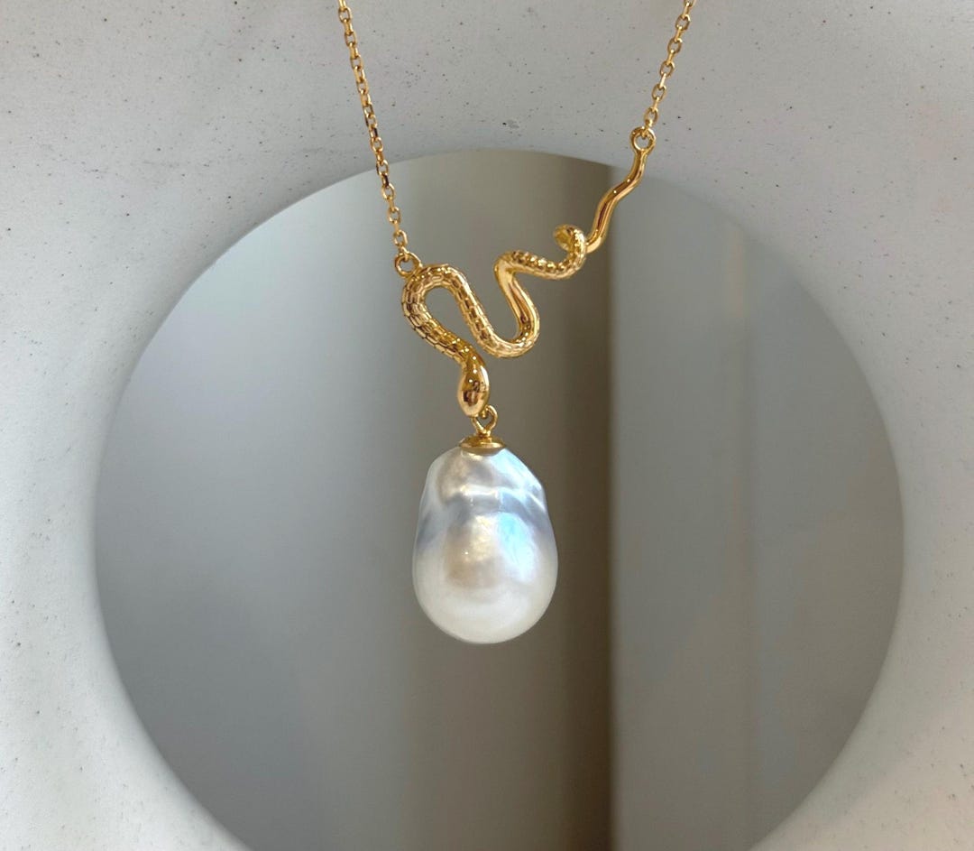 12.1x15.8mm Australian Ocean White Pearl Snake Pendant Necklace Set ...