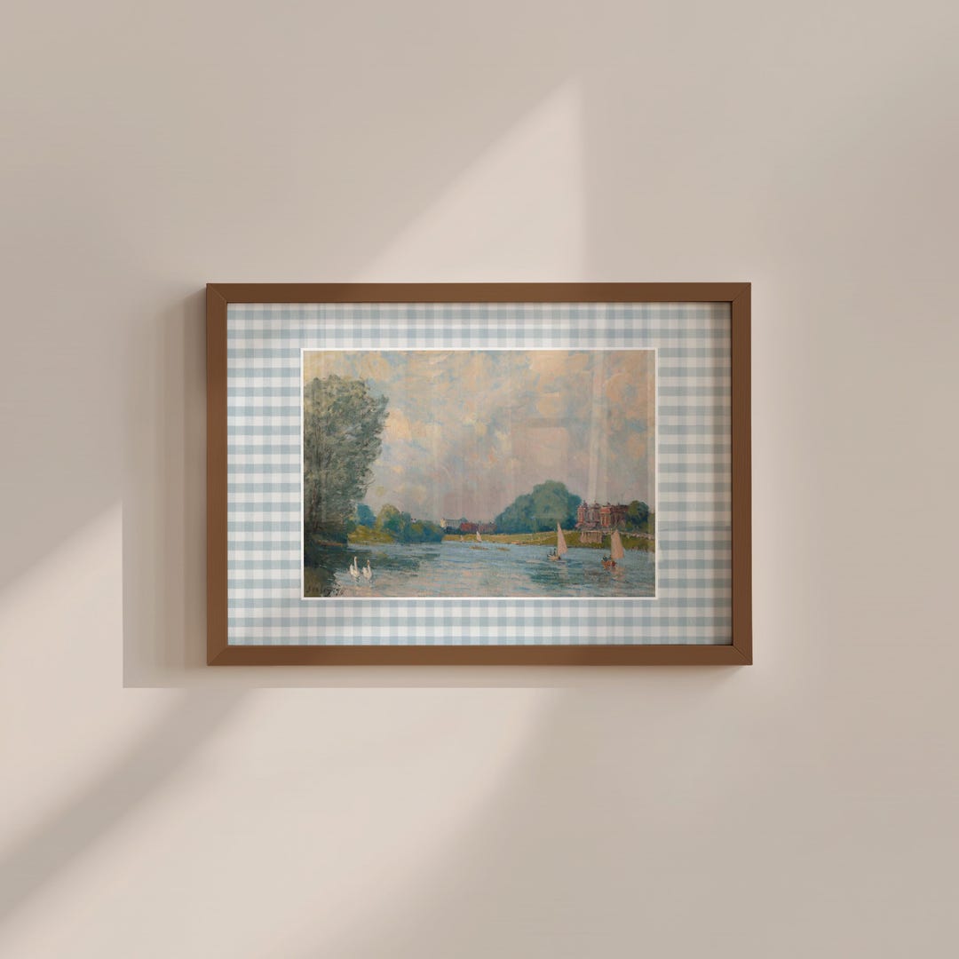Gingham Art Illustration, Castle Print, Vintage European Art, Blue Wall ...