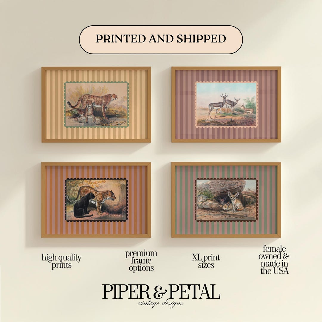 Vintage Jungle Animals Art Prints Set of 4 Framed Wall Decor for ...