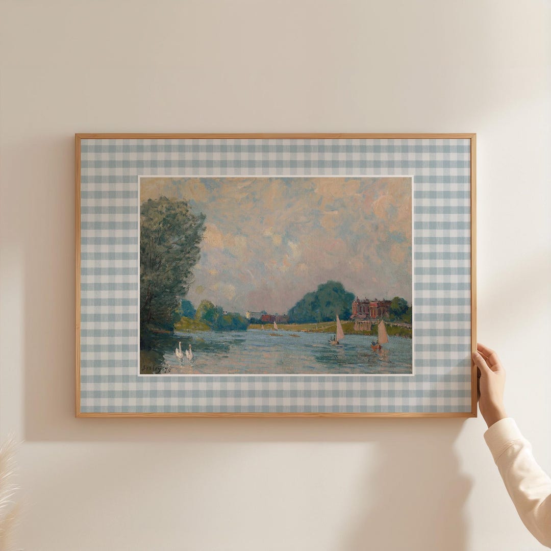 Gingham Art Illustration, Castle Print, Vintage European Art, Blue Wall ...