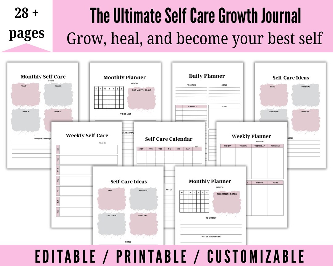 Printable Self Care Journal | 28+ Page Wellness Planner | Editable ...