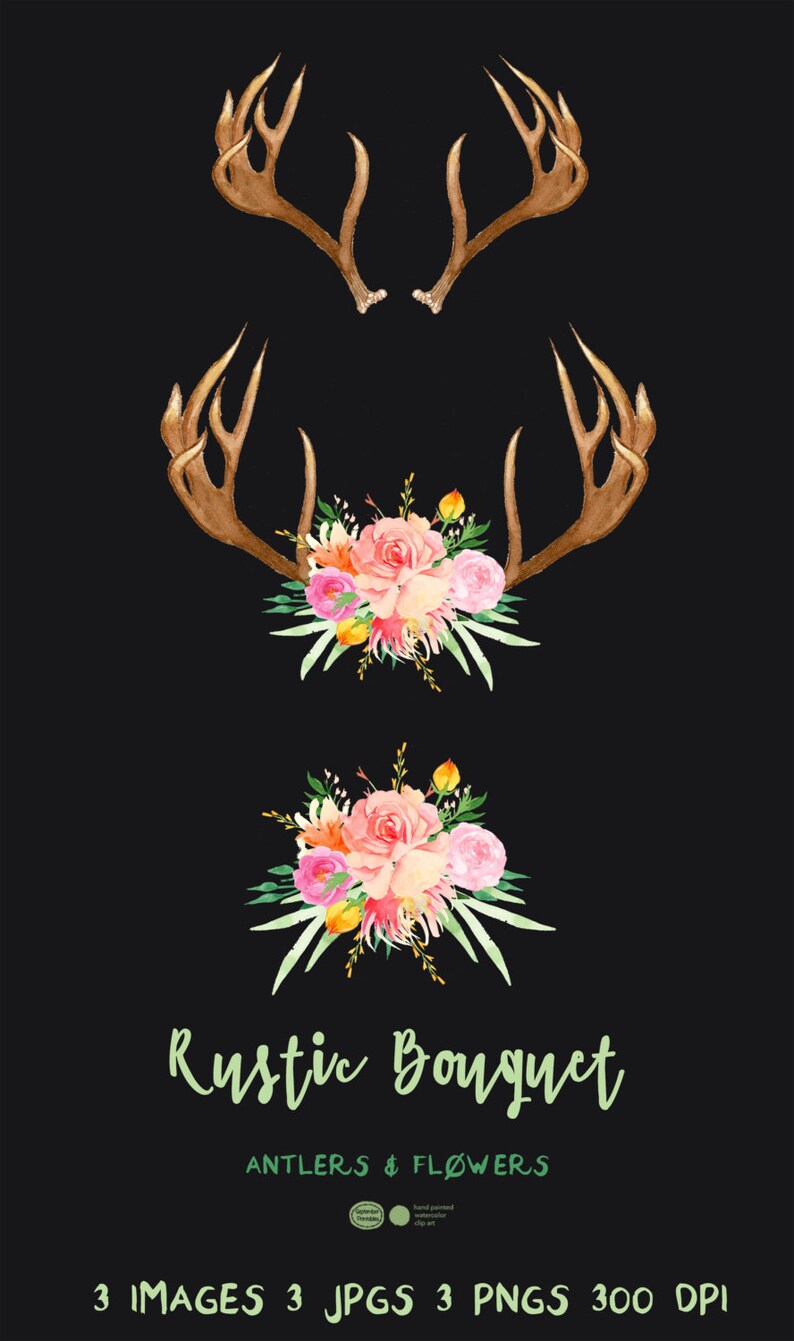 Antlers and Flowers,rustic Antlers, Clip Art, Watercolor Antlers ...