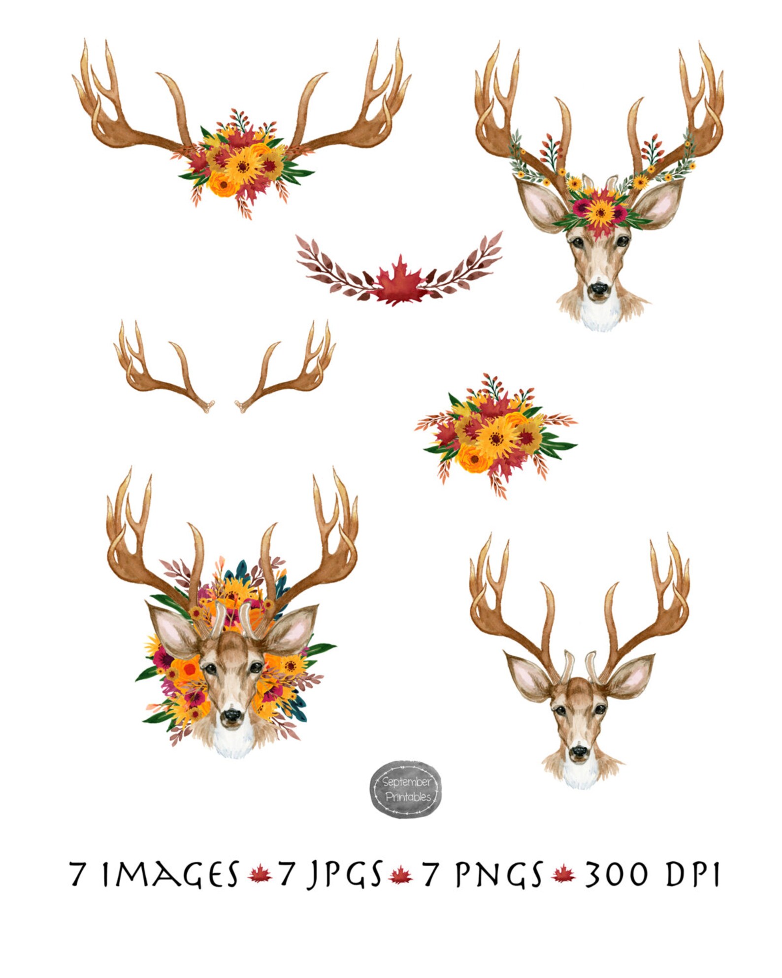 Autumn Deer and Floral Antlers, Fall Clip Art, Watercolor Deer, Autumn ...