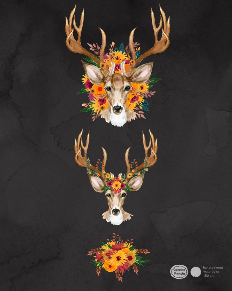Autumn Deer and Floral Antlers, Fall Clip Art, Watercolor Deer, Autumn ...