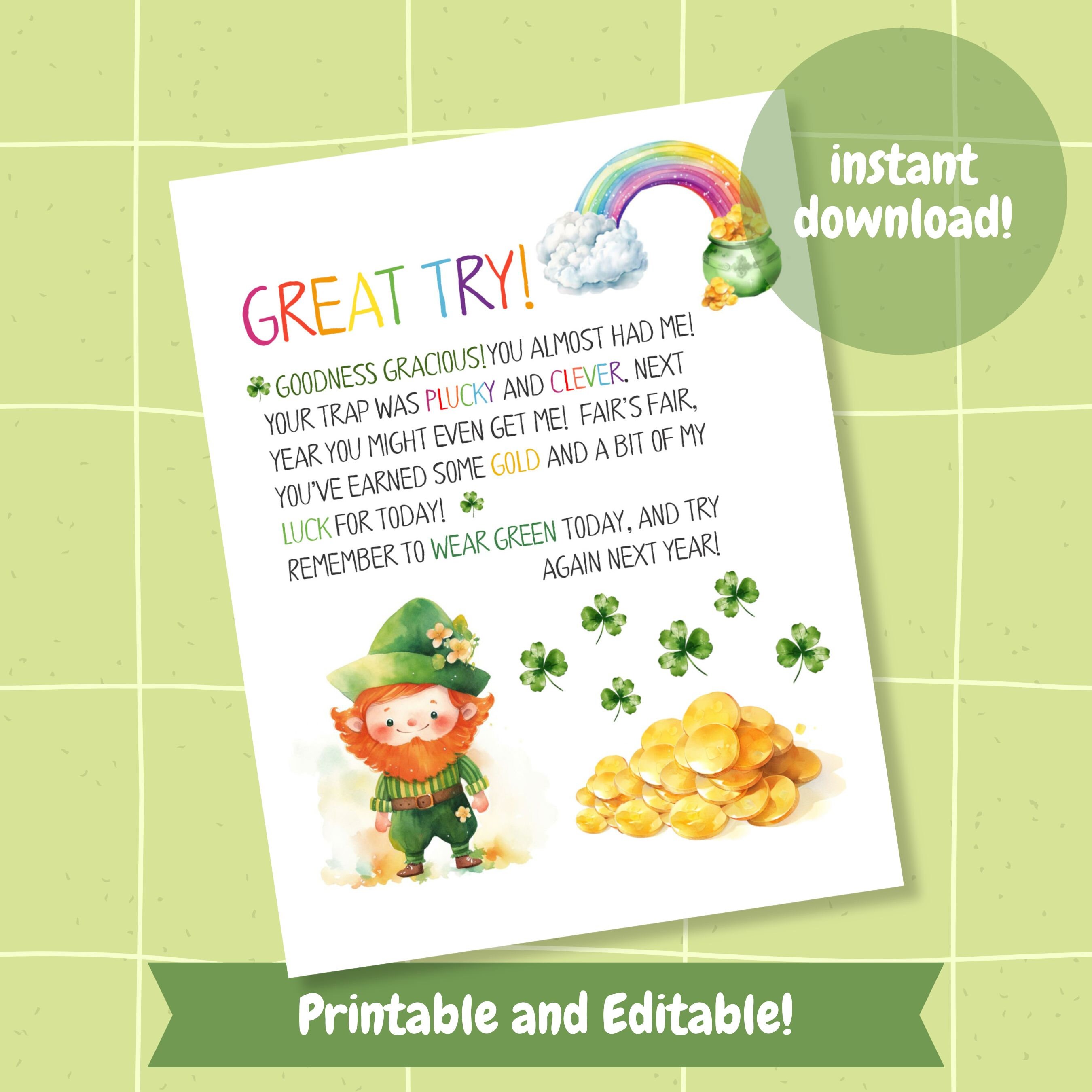 Leprechaun Trap Letter for Kids Printable, Leprechaun Note, INSTANT ...
