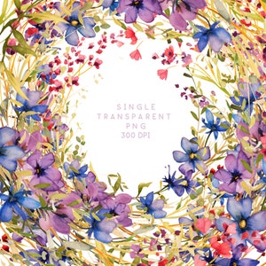 Single Watercolor Clipart Wreath, Red,blue and Lavender Wildflowers ...