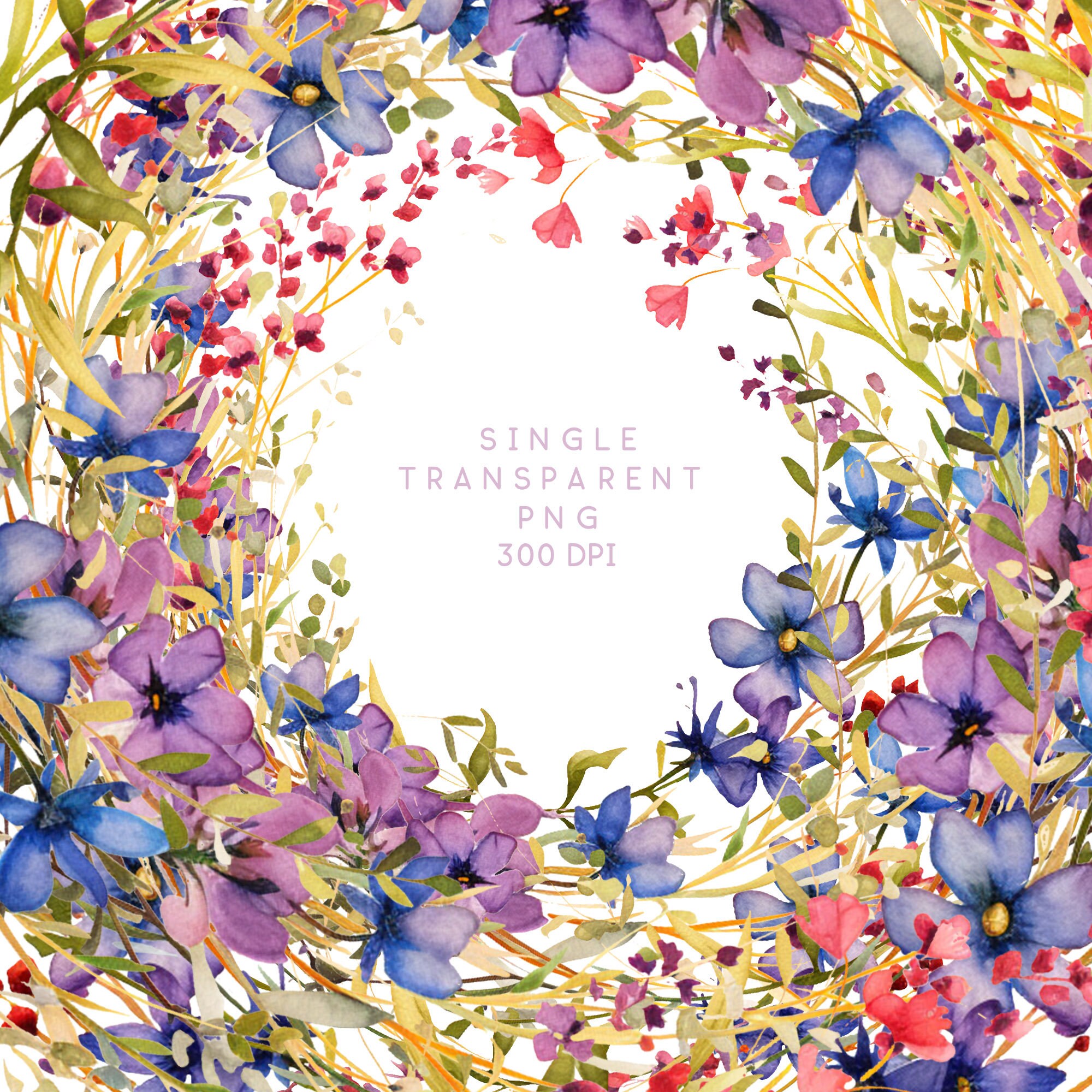 Single Watercolor Clipart Wreath, Red,blue and Lavender Wildflowers ...