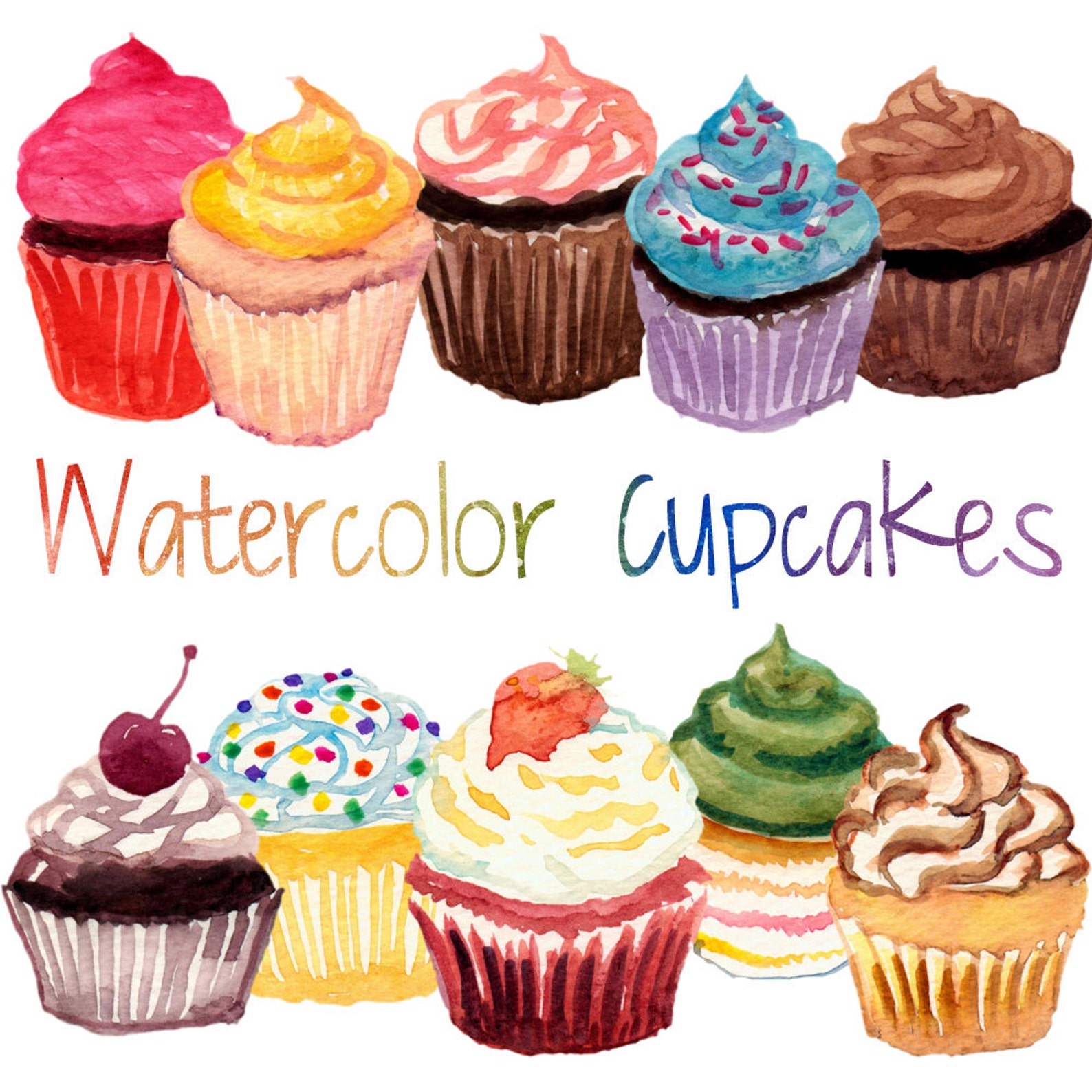 Watercolor Cupcakes, Cupcake Clip Art, Dessert Clip Art, Food Clip Art ...