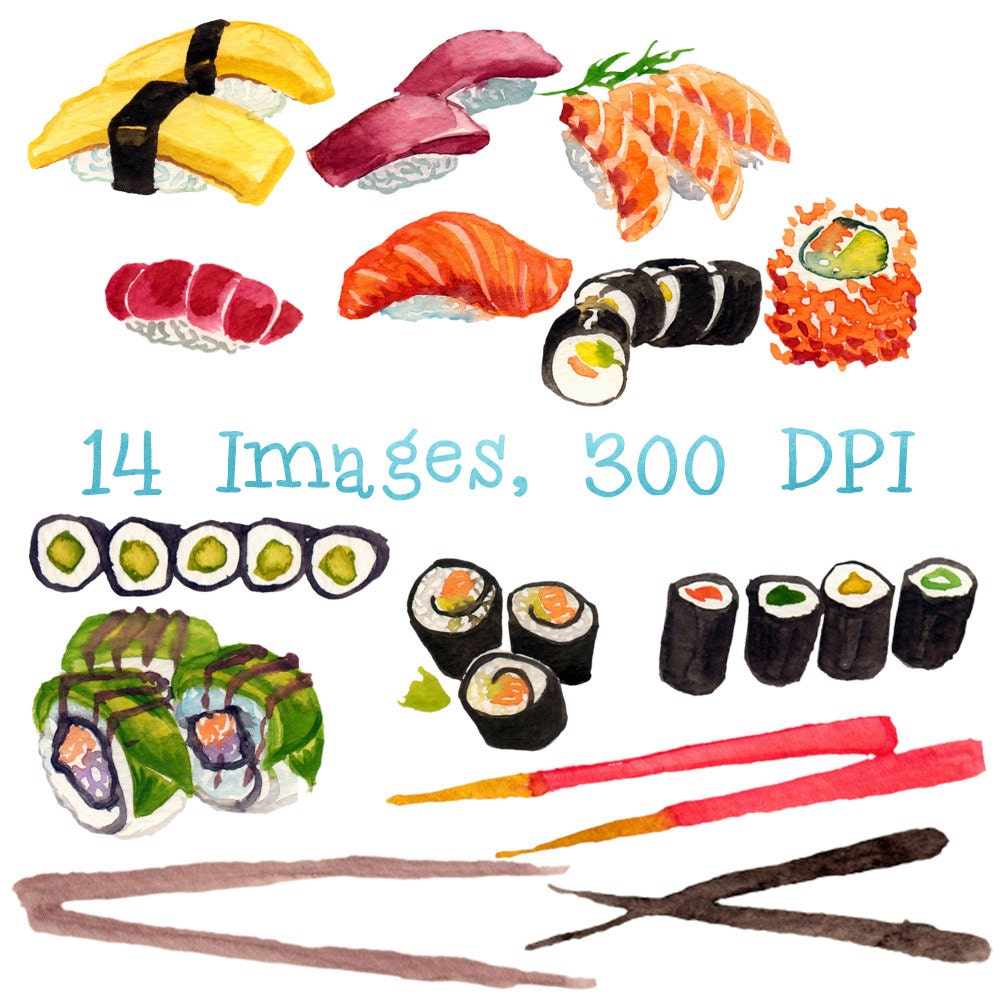 Watercolor Sushi , Sushi Clip Art, Sashimi Clipart, Japanese Cuisine ...