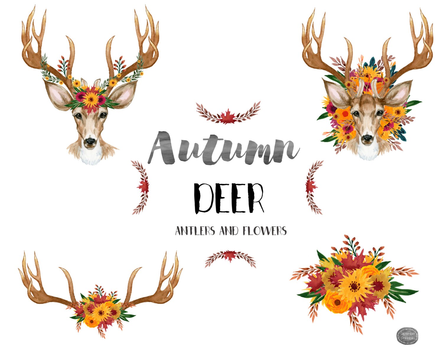 Autumn Deer and Floral Antlers, Fall Clip Art, Watercolor Deer, Autumn ...