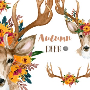 Autumn Deer and Floral Antlers, Fall Clip Art, Watercolor Deer, Autumn ...