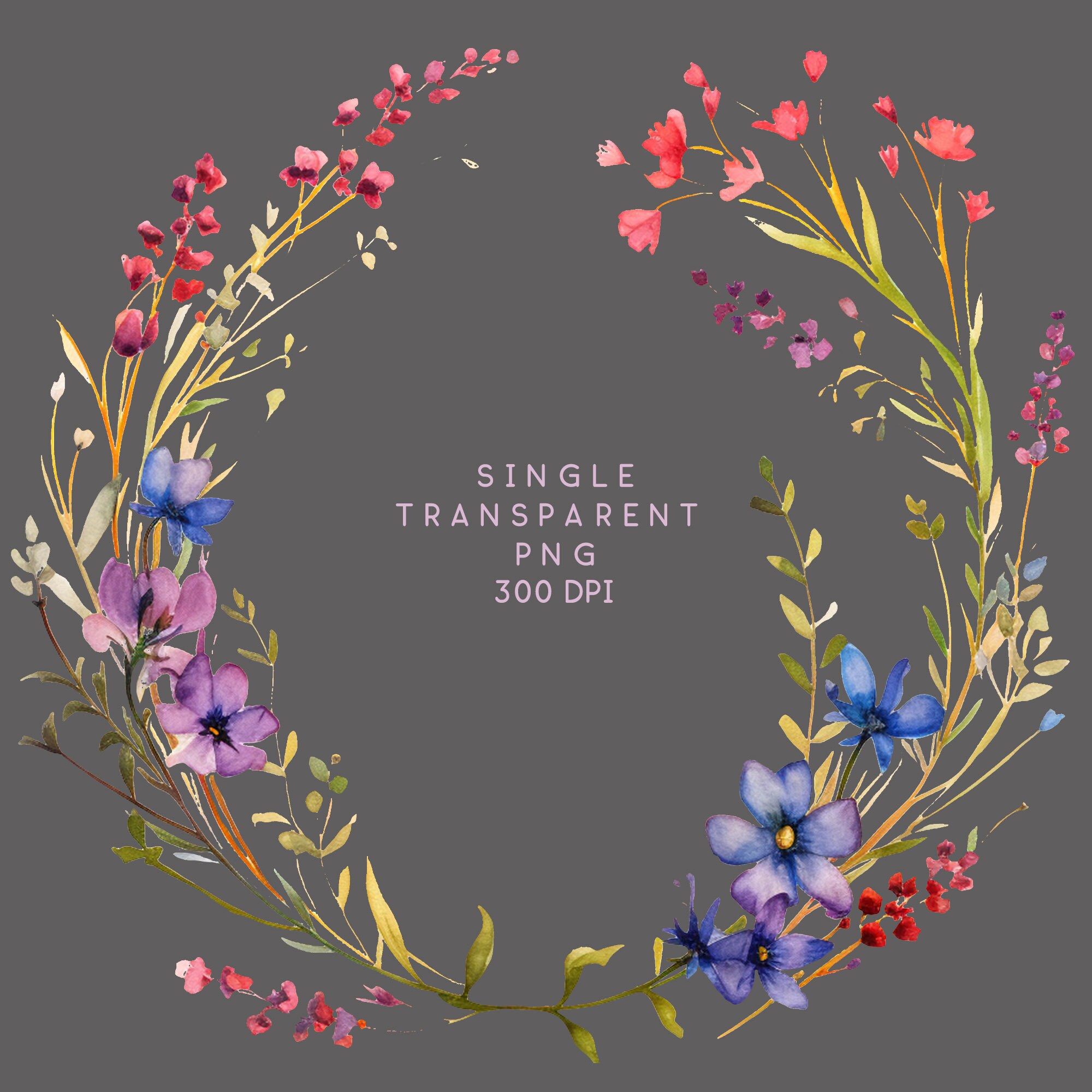 Single Watercolor Clipart Wreath, Red,blue and Lavender Wildflowers ...