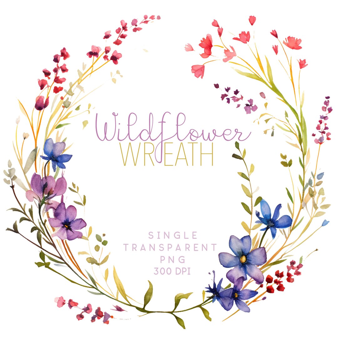 Single Watercolor Clipart Wreath, Red,blue and Lavender Wildflowers ...
