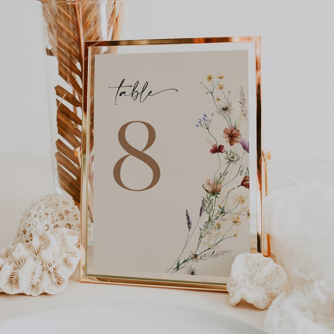 Wedding Table Number Sign, Beige Table Number Template, Floral Wedding ...
