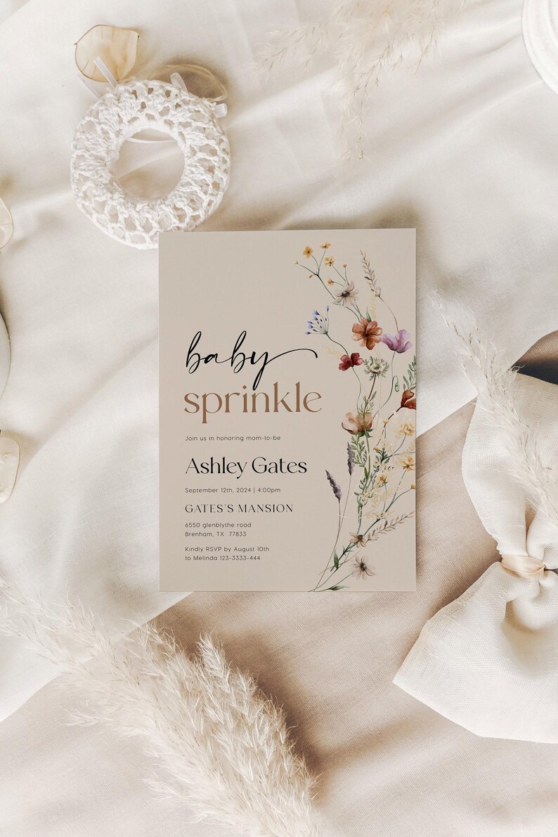 Baby Sprinkle Invitation | Wildflower Invitation | Beige Invitation ...