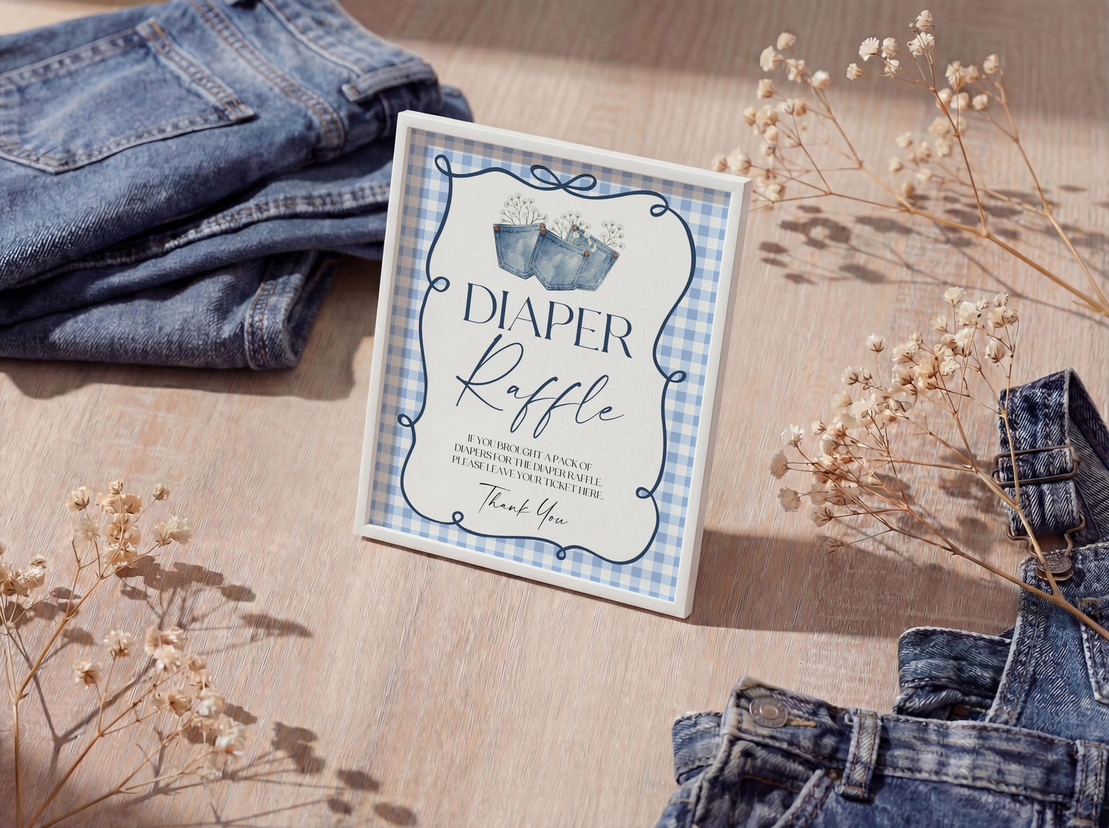 Diaper Raffle Sign: Blue Jean Denim & Gingham Editable Template #bj026 ...
