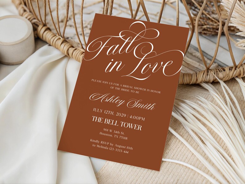 Fall in Love Bridal Shower Invitation Template | Terracotta Autumn ...
