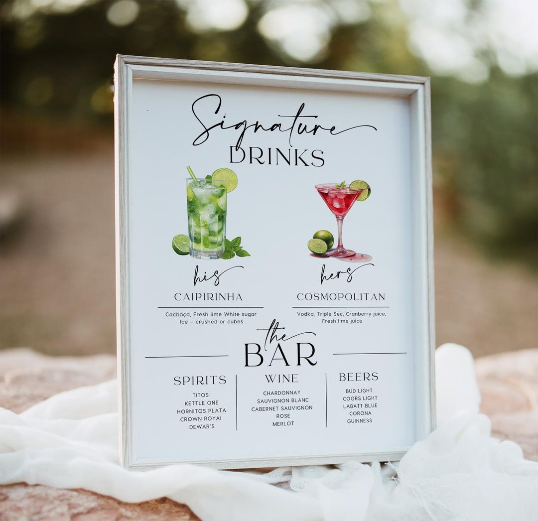 Wedding Bar Menu: His & Hers Signature Cocktails, Editable Template ...