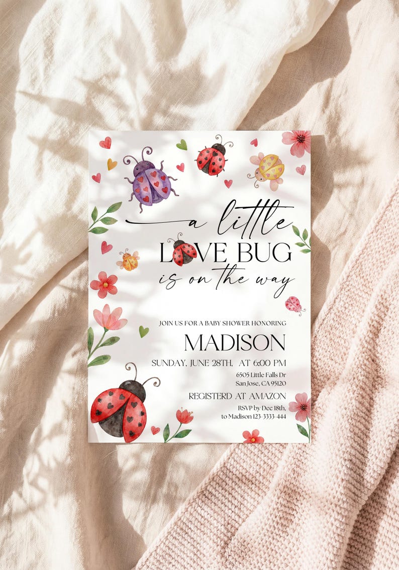 Little Love Bug Baby Shower Invitation: Watercolor Ladybug Invite ...