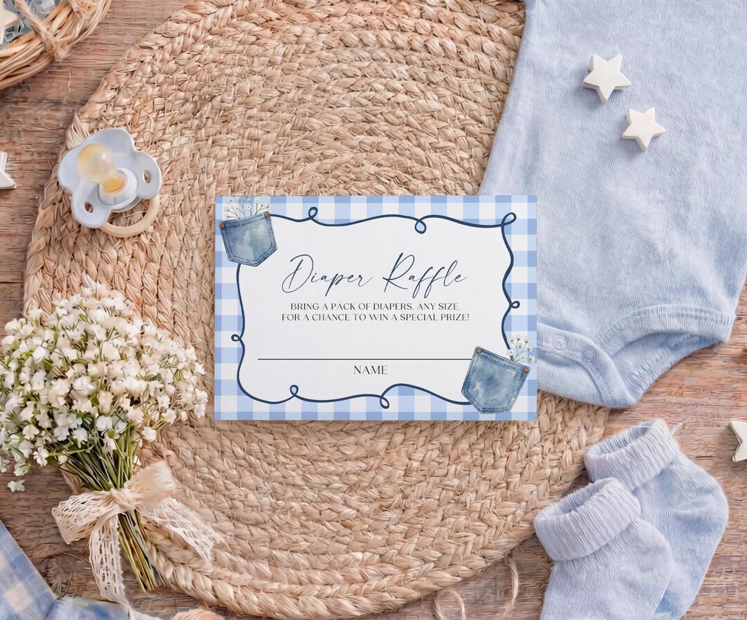 Diaper Raffle Ticket: Blue Jean Denim & Gingham Editable Diaper Card ...