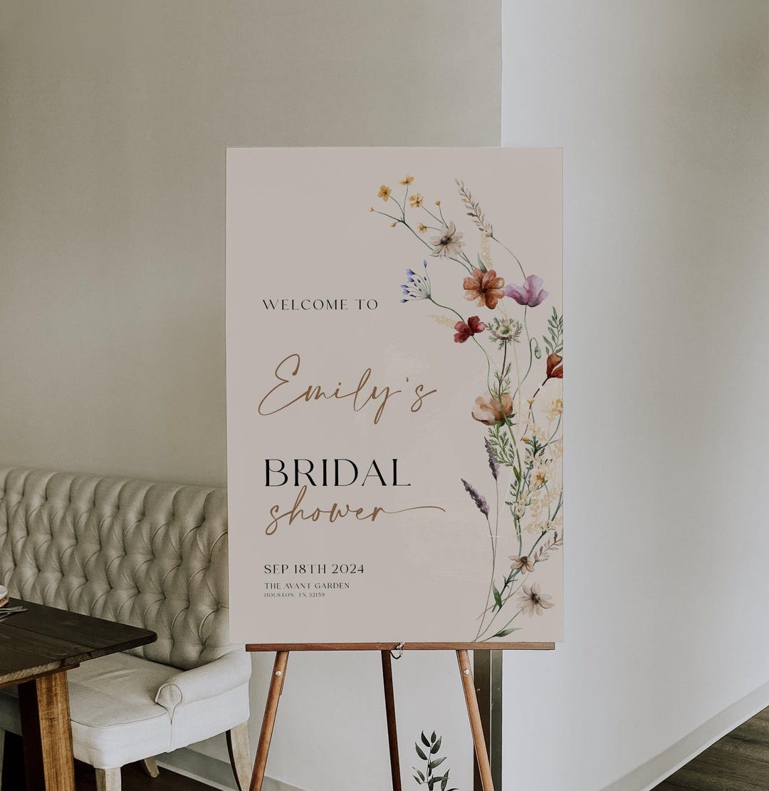 Bridal Shower Welcome Sign | Beige Sign With Watercolor Wildflowers ...