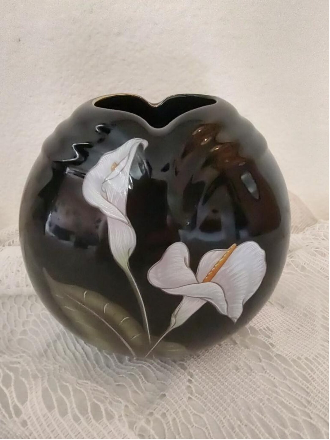 Vintage YAMAJI Black Porcelain Japanese Vase Calla Lily Flowers Floral ...