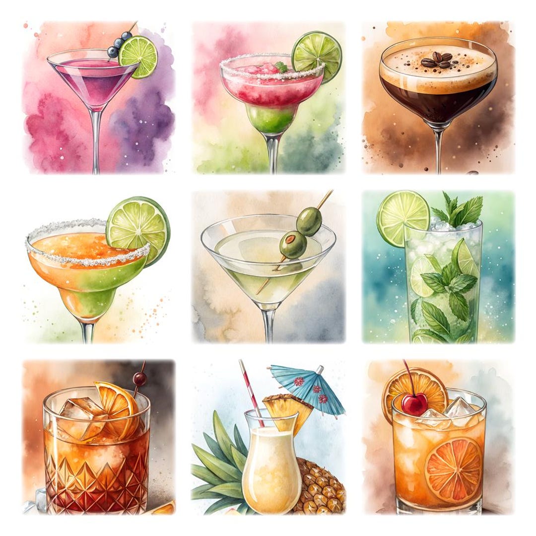 Elegant Watercolor Cocktail Art Prints – Set of 9 Classic Drink ...