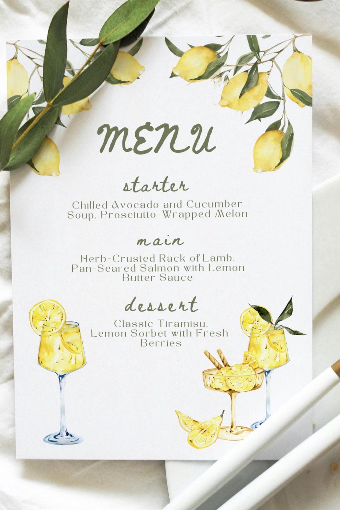 Lemon Wedding Menu Template: Amalfi Watercolor Design (digital Download ...