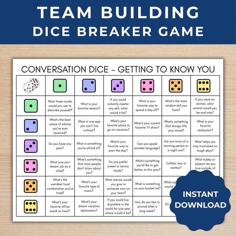 Printable Team Building Icebreaker Game, Dicebreaker Roll and Talk Game ...