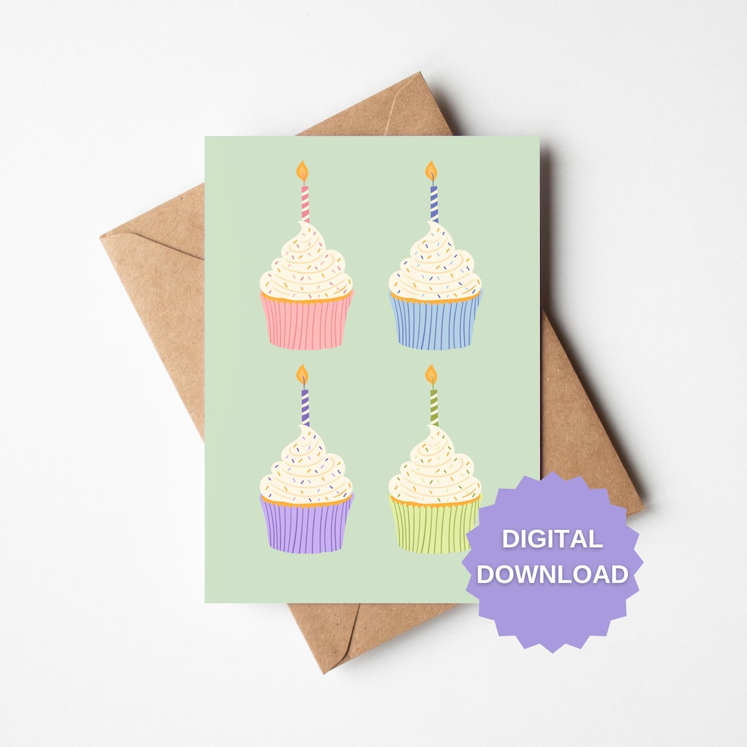 Cute Cupcake Birthday Card Printable – Green Cupcake Digital Birthday ...