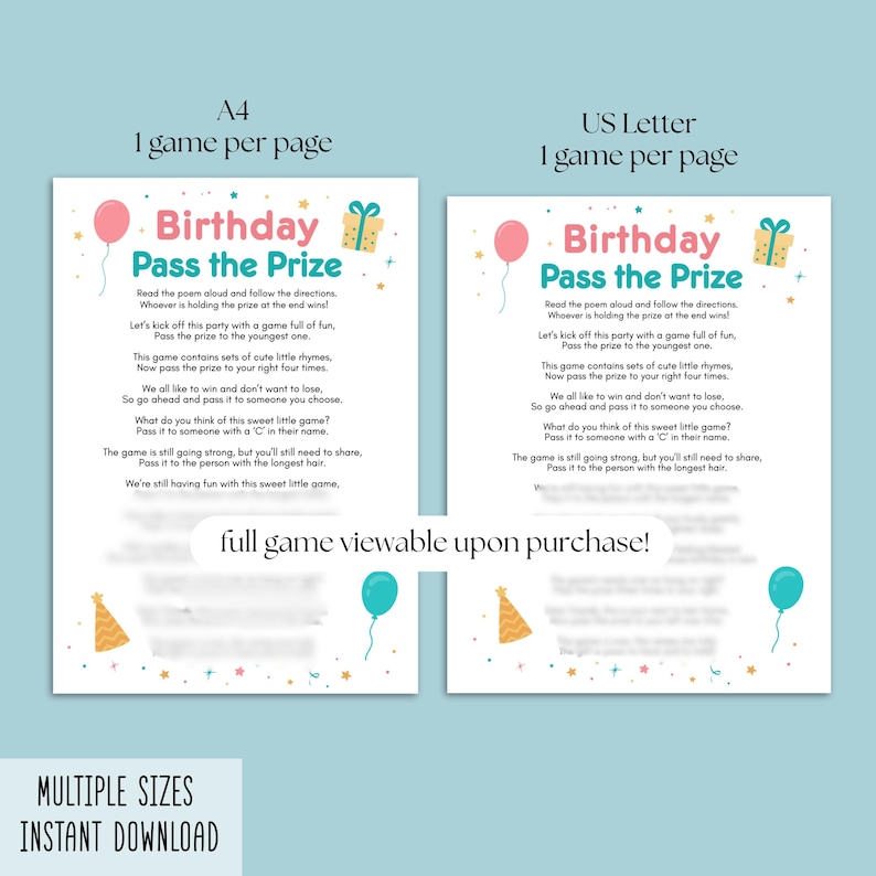 Birthday Pass the Prize Game, Printable Birthday Game, Pass the Prize ...