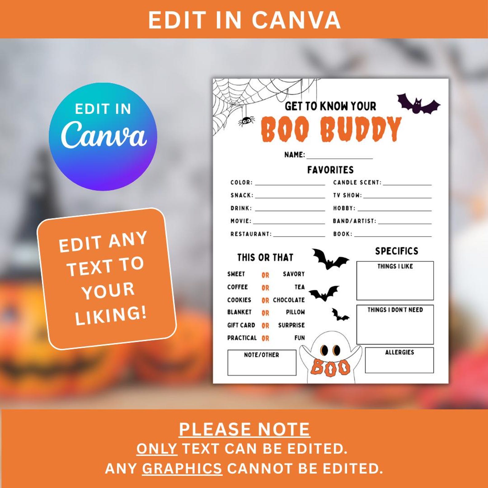 Printable Get to Know Your Boo Buddy Halloween Questionnaire, Editable ...