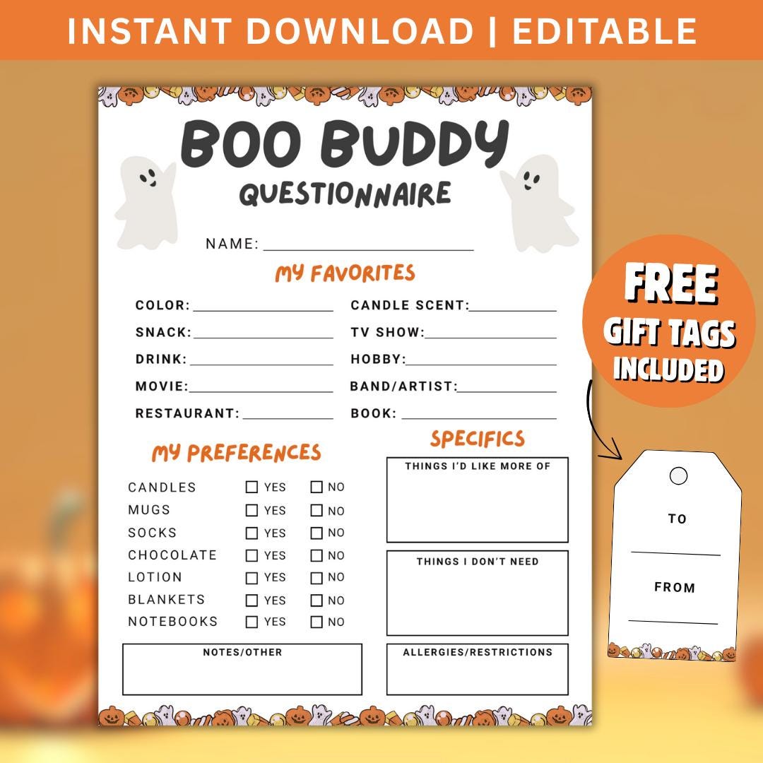 Printable Boo Buddy Halloween Questionnaire, Editable Boo Buddy ...