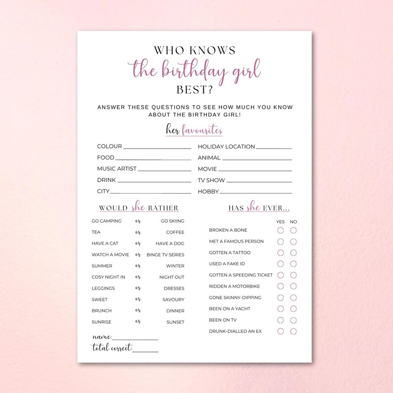 Who Knows the Birthday Girl Best Party Game, Adult Birthday Game ...