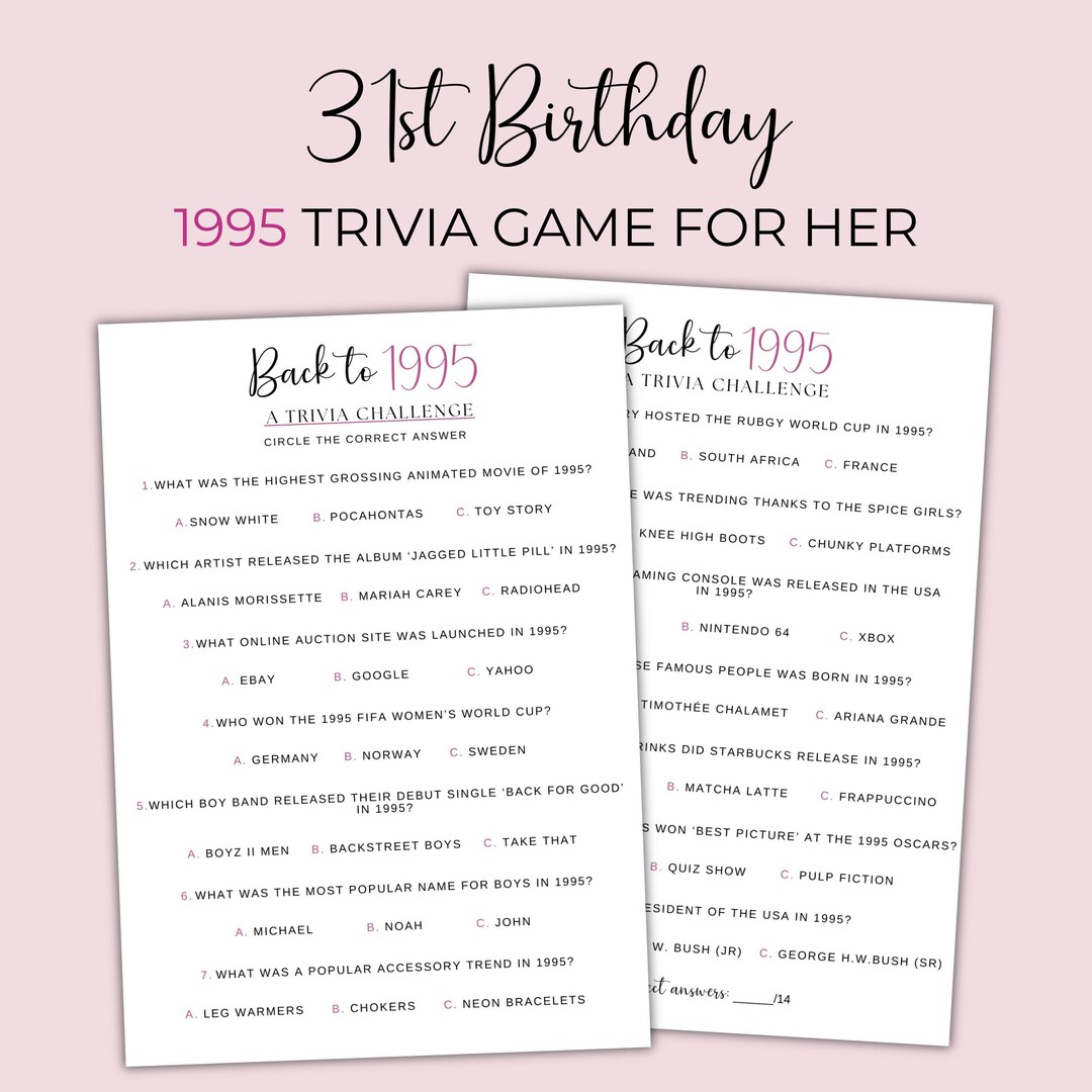 1995 Trivia Game, 31st Birthday Game for Her, Printable 31st Party Game ...