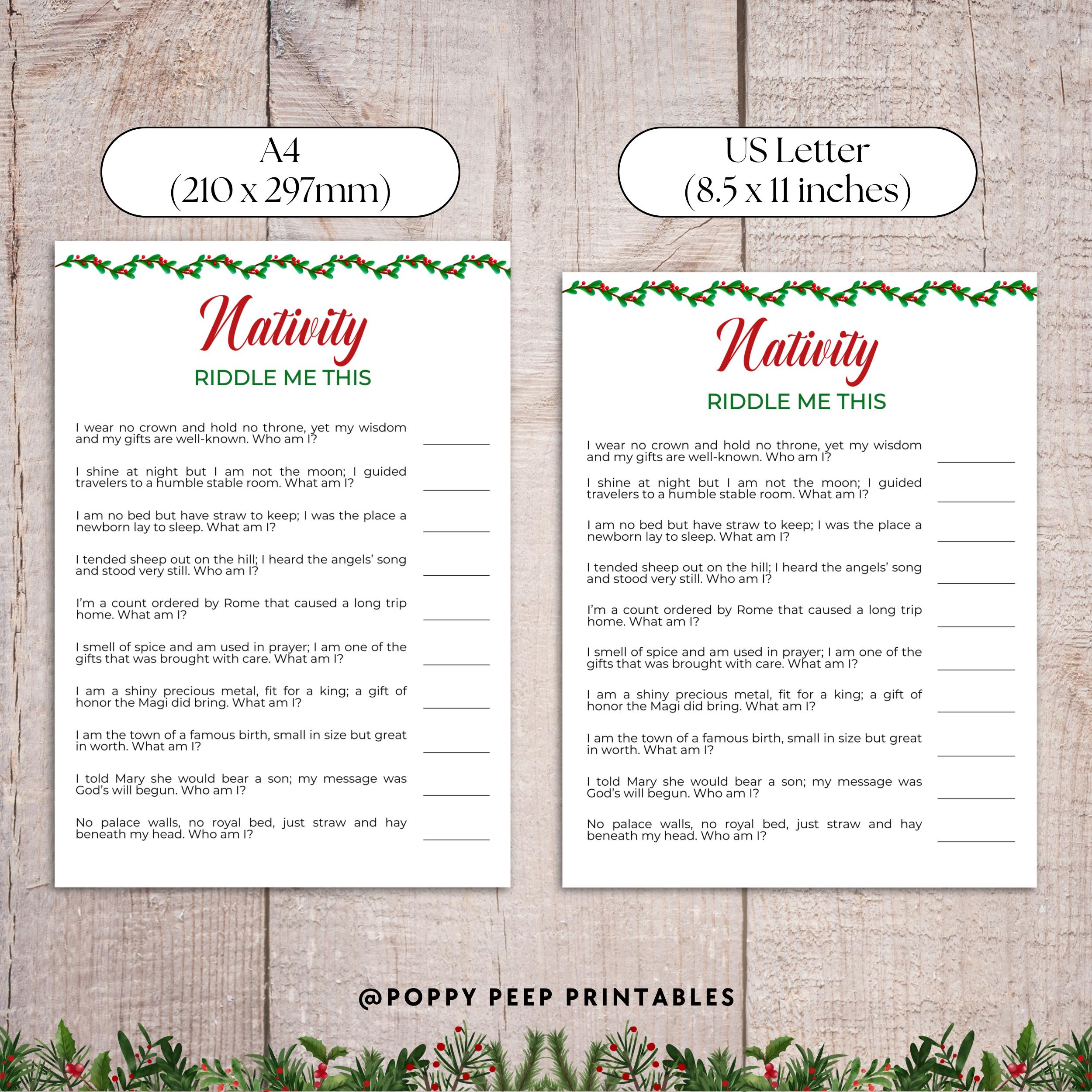 Printable Nativity Riddle Game, Bible Riddles, Christian Printable for ...