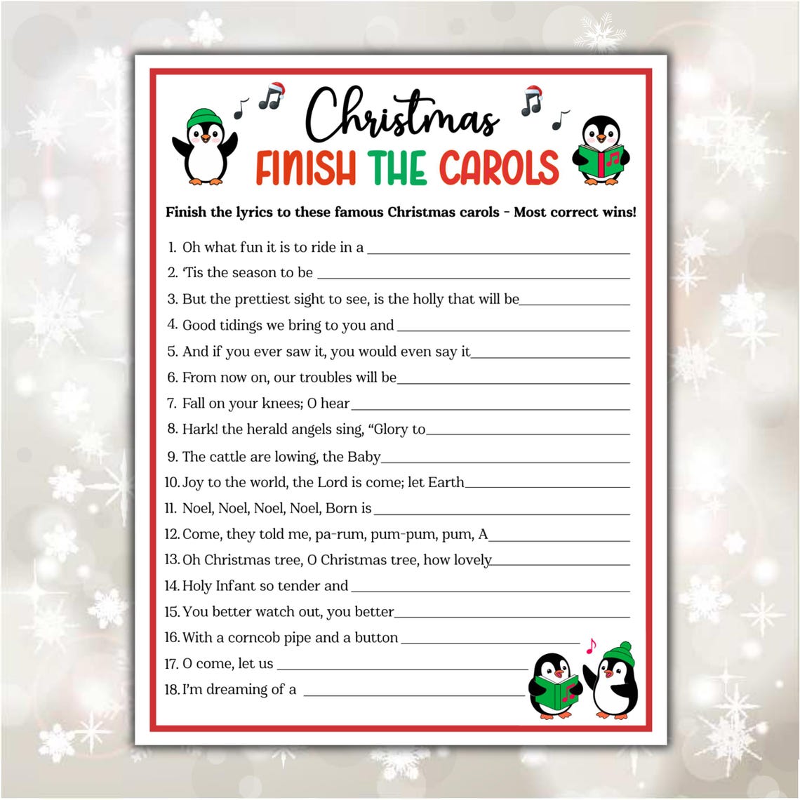 Finish the Christmas Carol Game, Christmas Song Trivia, Family ...