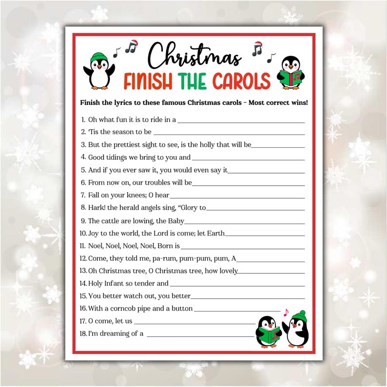 Finish the Christmas Carol Game, Christmas Song Trivia, Family ...