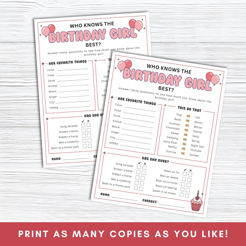 Who Knows the Birthday Girl Best, Printable Birthday Girl Quiz & Trivia ...