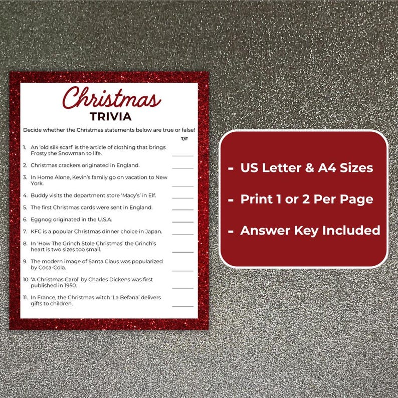 Christmas Trivia Game Printable, True or False Quiz, Holiday Party Game ...